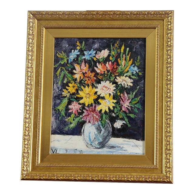 1980s Still Life "Flowers in a Vase" Impasto Oil Painting on Board, Framed and Signed | Chairish