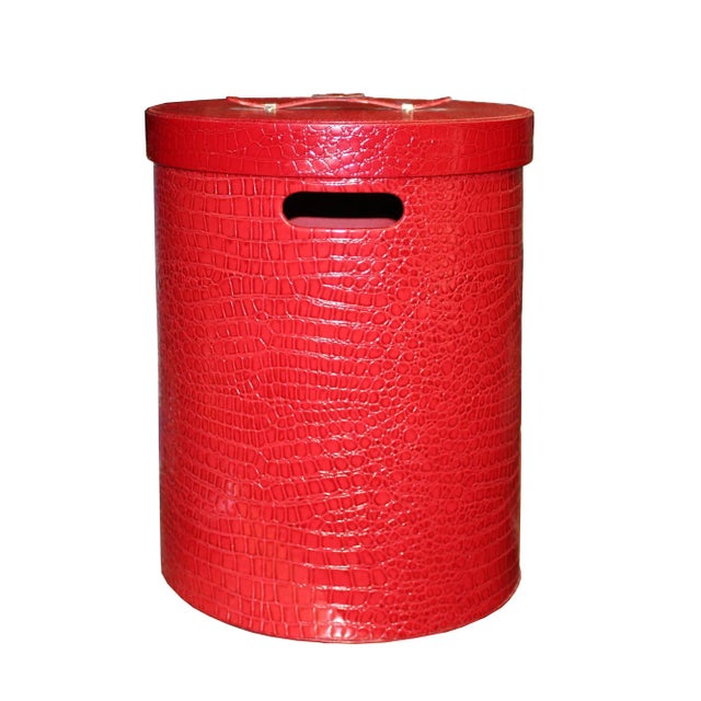 Leather Vinyl Cover Red Round Bucket Container Box Large | Chairish
