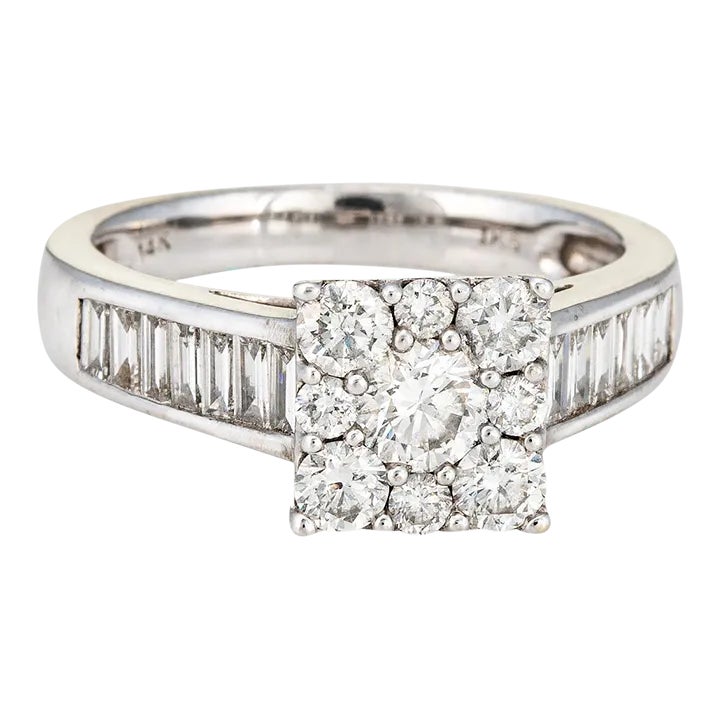 1ct Diamond Square Cluster 14k White Gold Engagement Ring Size 7 | Chairish
