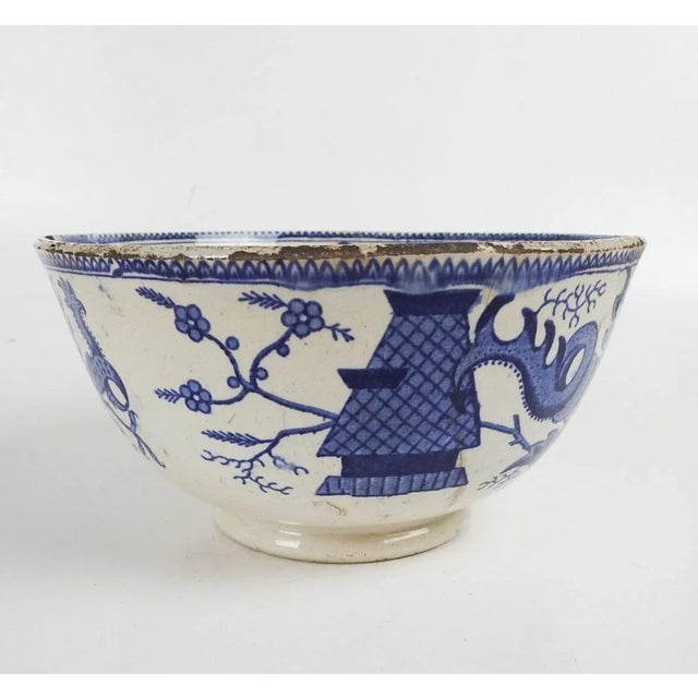 Antique Chinoiserie Blue Transferware Dragon Bowl Stapled | Chairish