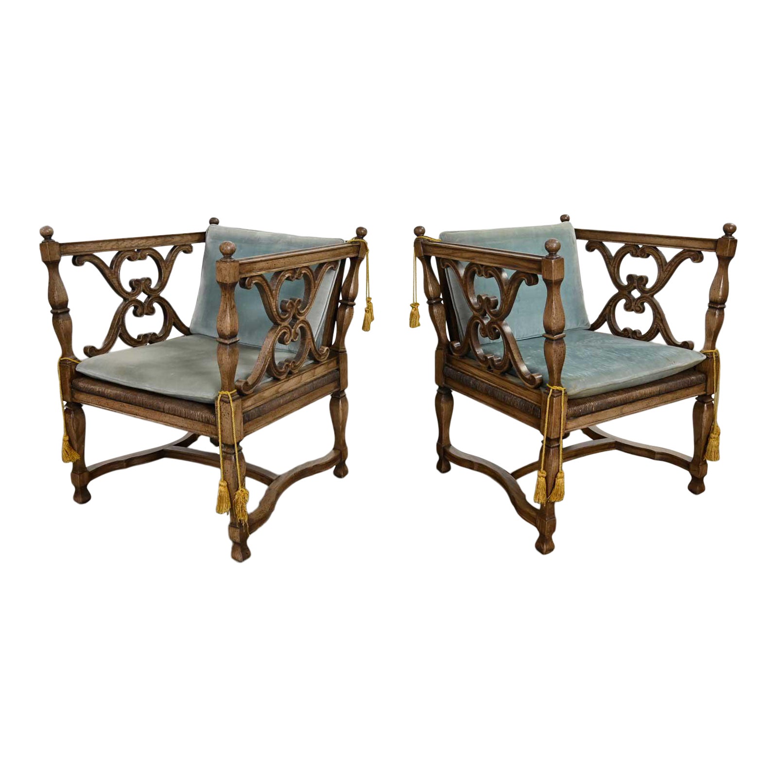 Mediterranean Spanish Revival Pair of Chairs With Rush Seats & Loose ...