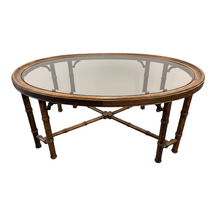 Vintage Chinoiserie Style Faux Bamboo Oval Glass Coffee Table | Chairish