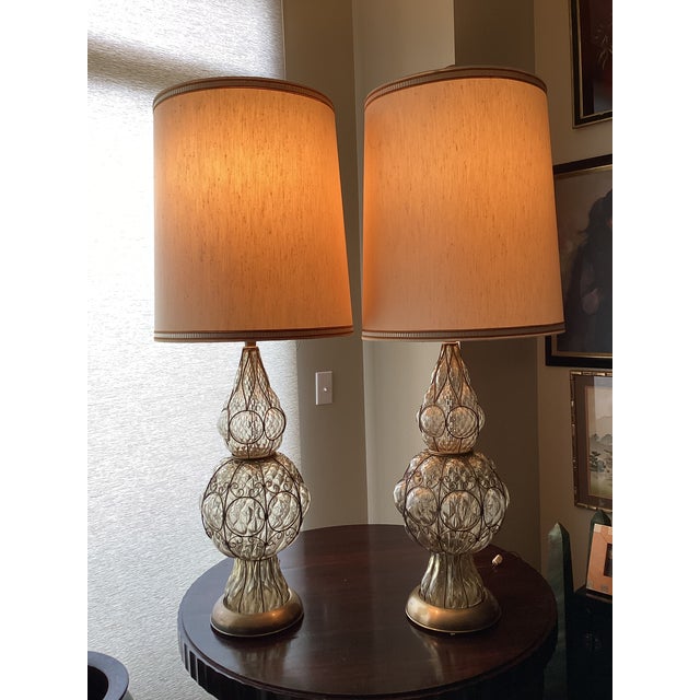 Pair of Vintage Italian Murano Bubble Glass Lamps With Original Shades ...