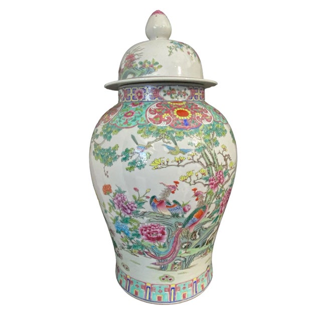 Lg Chinoiserie Famille Rose Porcelain Ginger Jar 26" H | Chairish