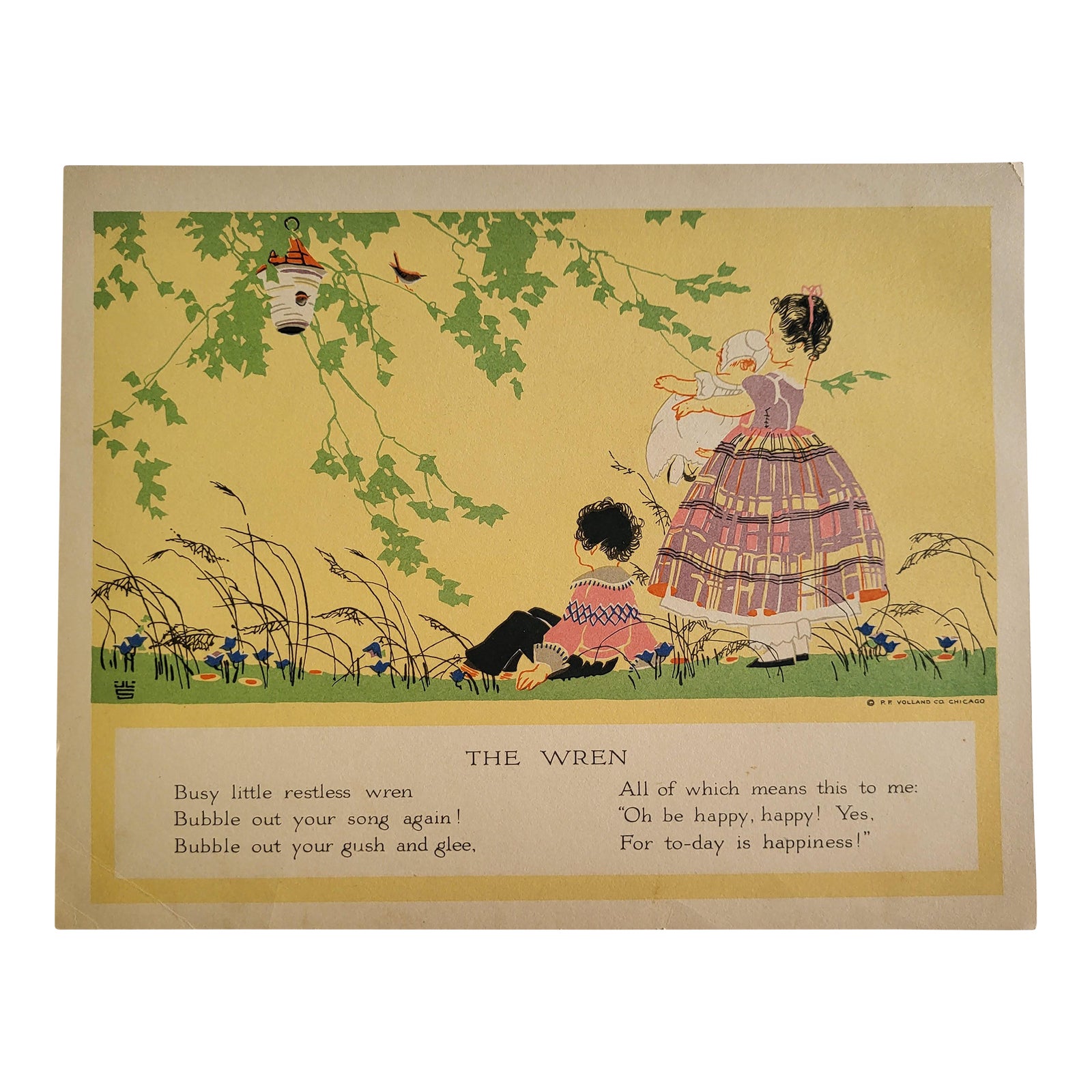 1910s/1920s the Wren & Playing School Poem, Upcycled Book Illustration ...