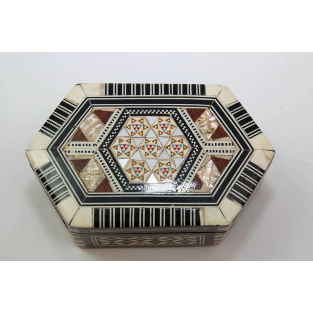 Moorish White Hexagonal Box With Inlaid Mosaic Marquetry | Chairish