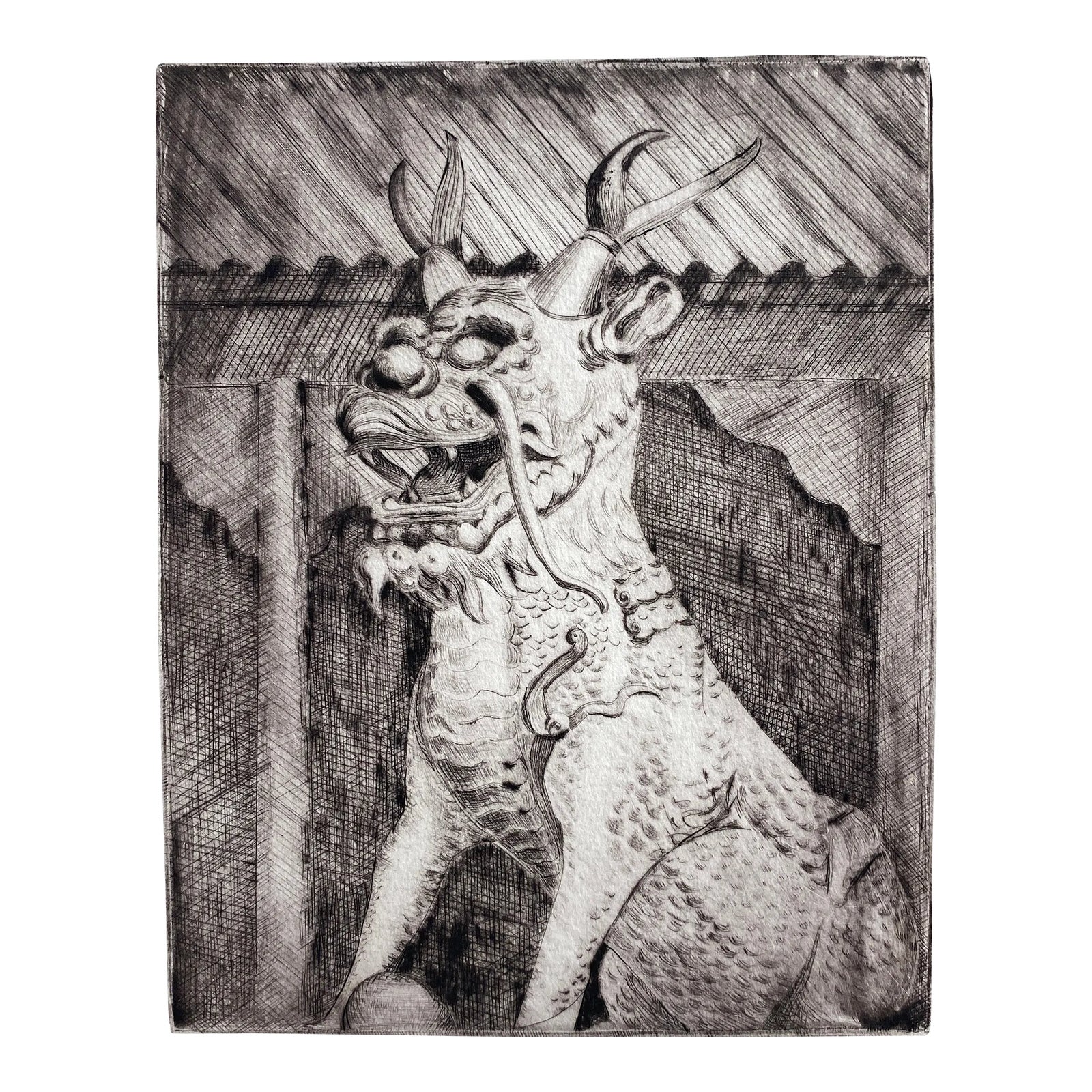 1970s Jane Eddy Chinese Foo Dog or Temple Dragon Etching | Chairish