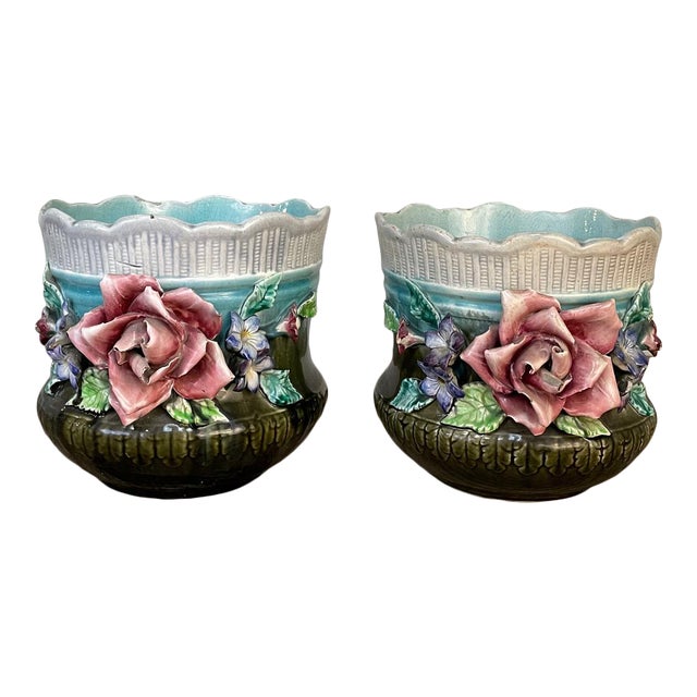 Pair 19th Century French Faience Barbotine Jardinieres ~ Cachet Pots ...