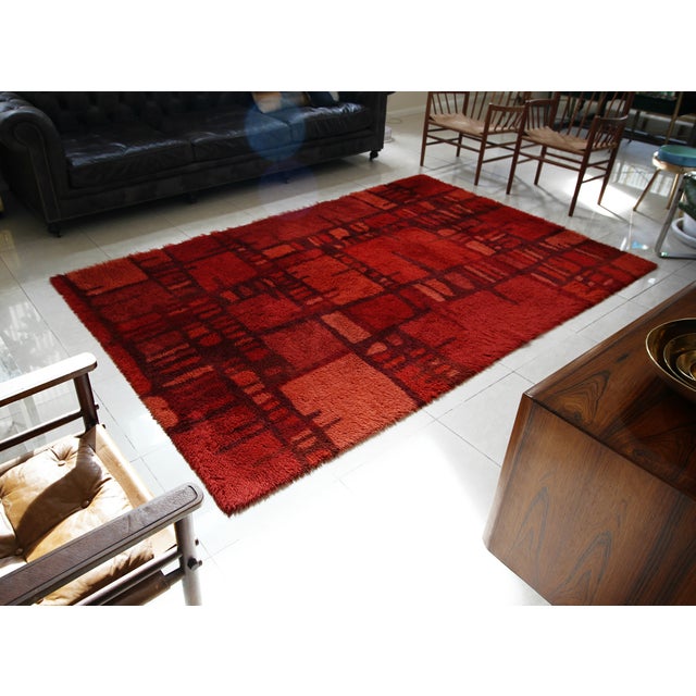 Swedish MCM Red Abstract Rya Rug - 6'5" X 9'5" | Chairish