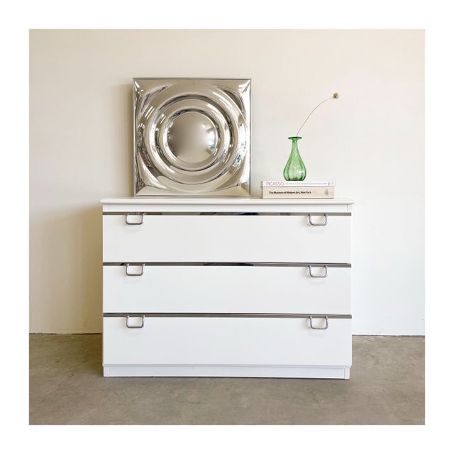 1980s Postmodern Vintage White Lane Dresser With Chrome Pulls | Chairish