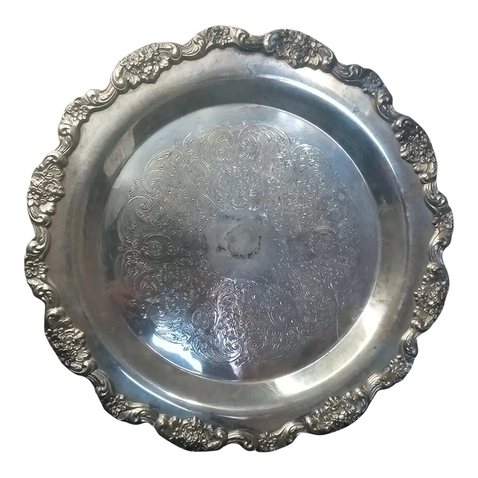 1970s Leonard Silver Round Embossed Ornate Rim Tray | Chairish