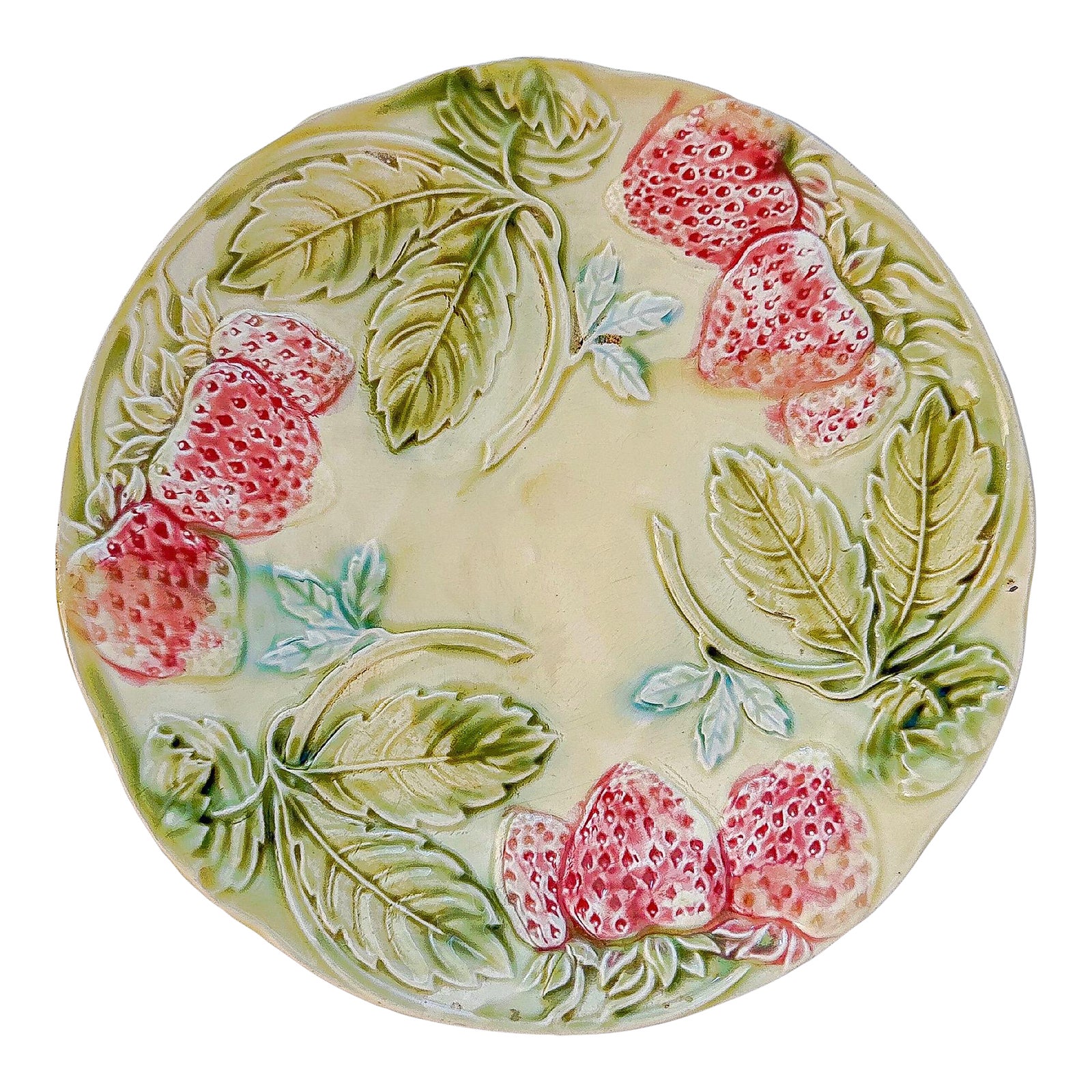 French Barbotine Strawberry Plate Late 19th Century | Chairish