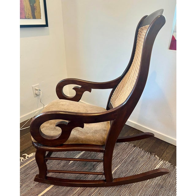 1970s Vintage Walnut Rocking-Chair With Cane Back and Suede Upholstered ...