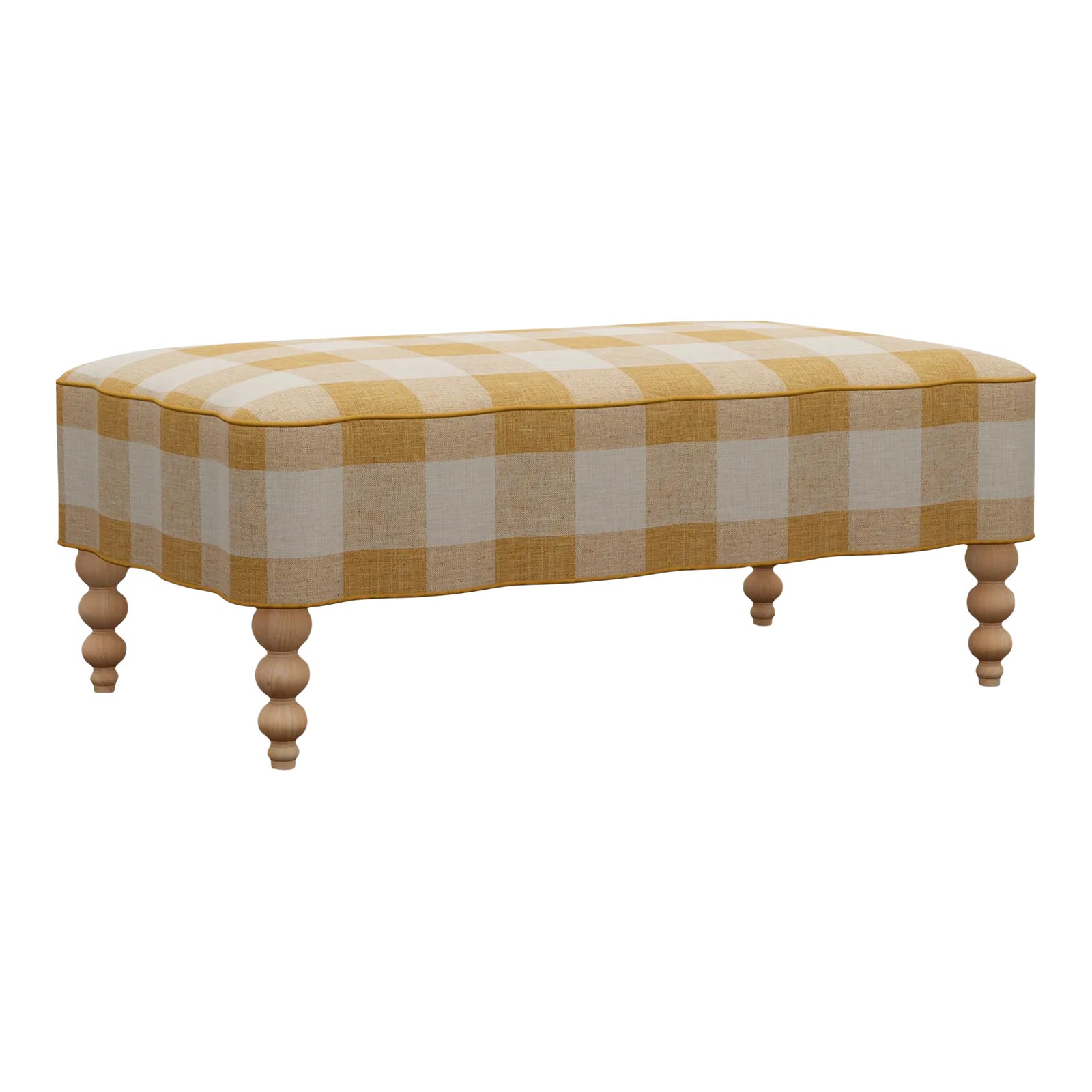 Mirasol Scalloped Ottoman, Solé Check with Tumeric Linen Welt | Chairish