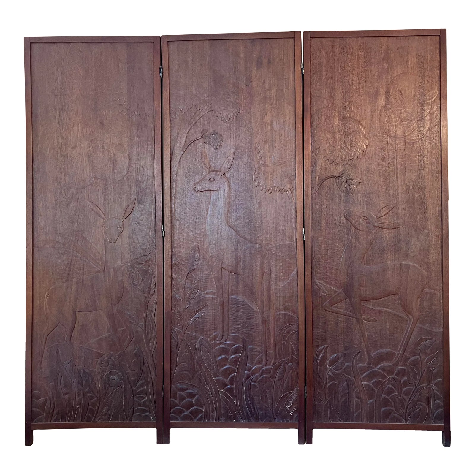 1930s Hand Carved Wood Screen With Deer | Chairish