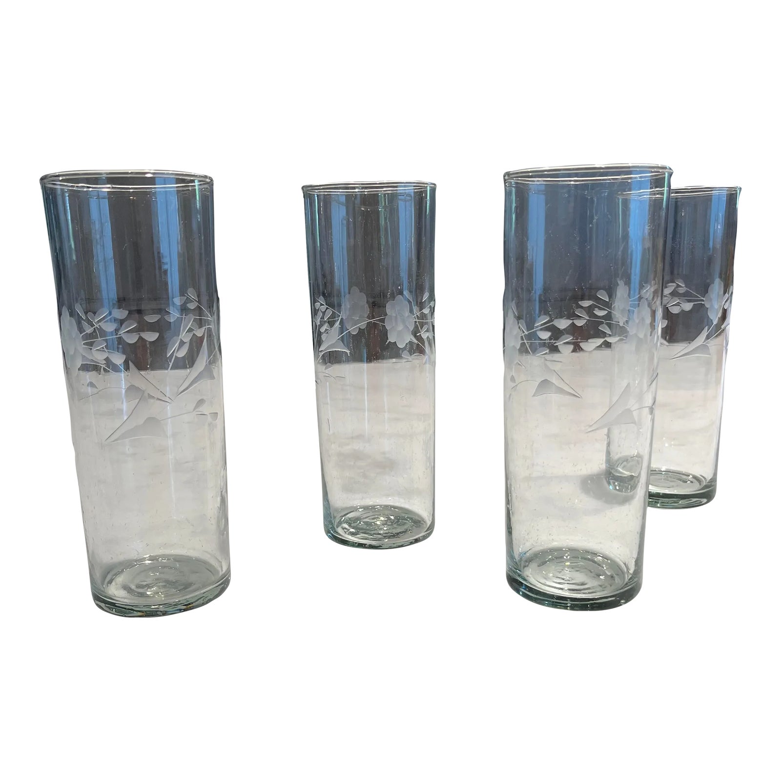 Set of 4 Vintage Hand Blown Clear Etched Cut Floral Tall Highball Glasses | Chairish