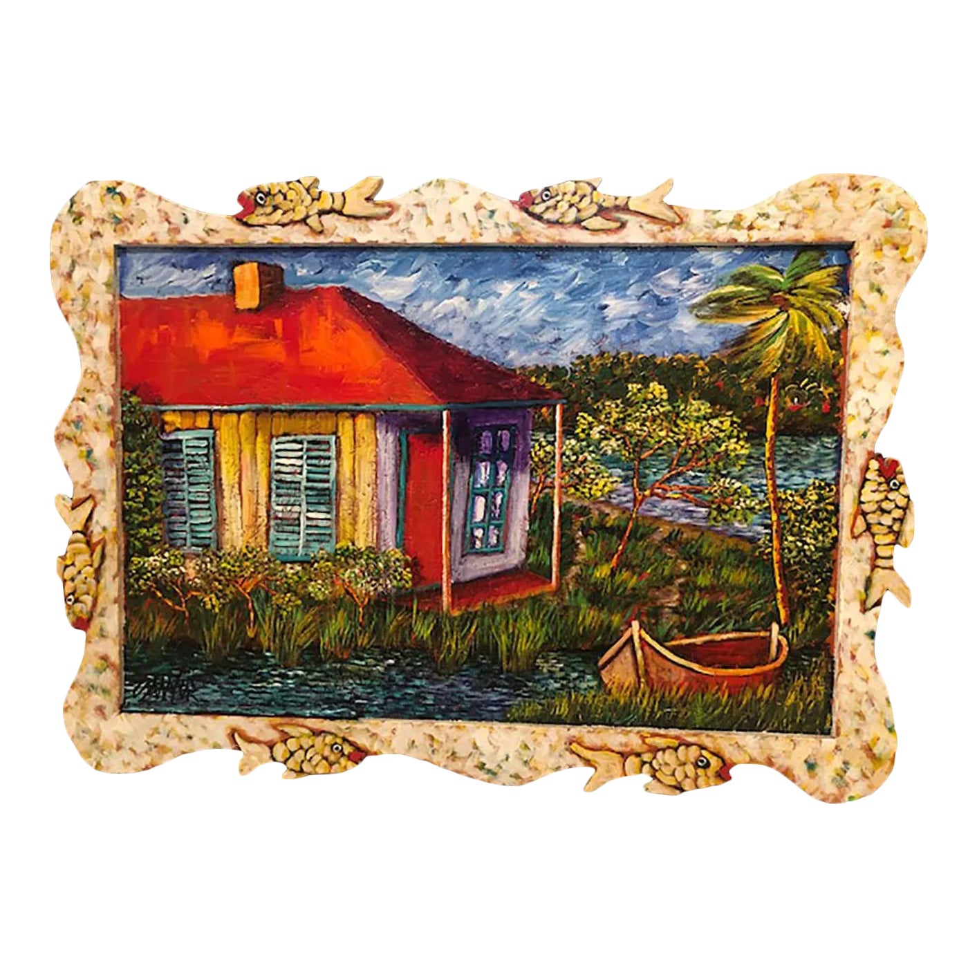 2006 "Joe’s Fishing Shack" Folk Art Style Painting, Framed | Chairish