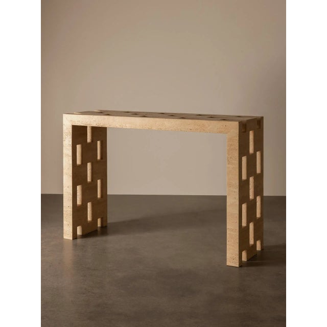 Vivi Checkered Travertine Console Table | Chairish