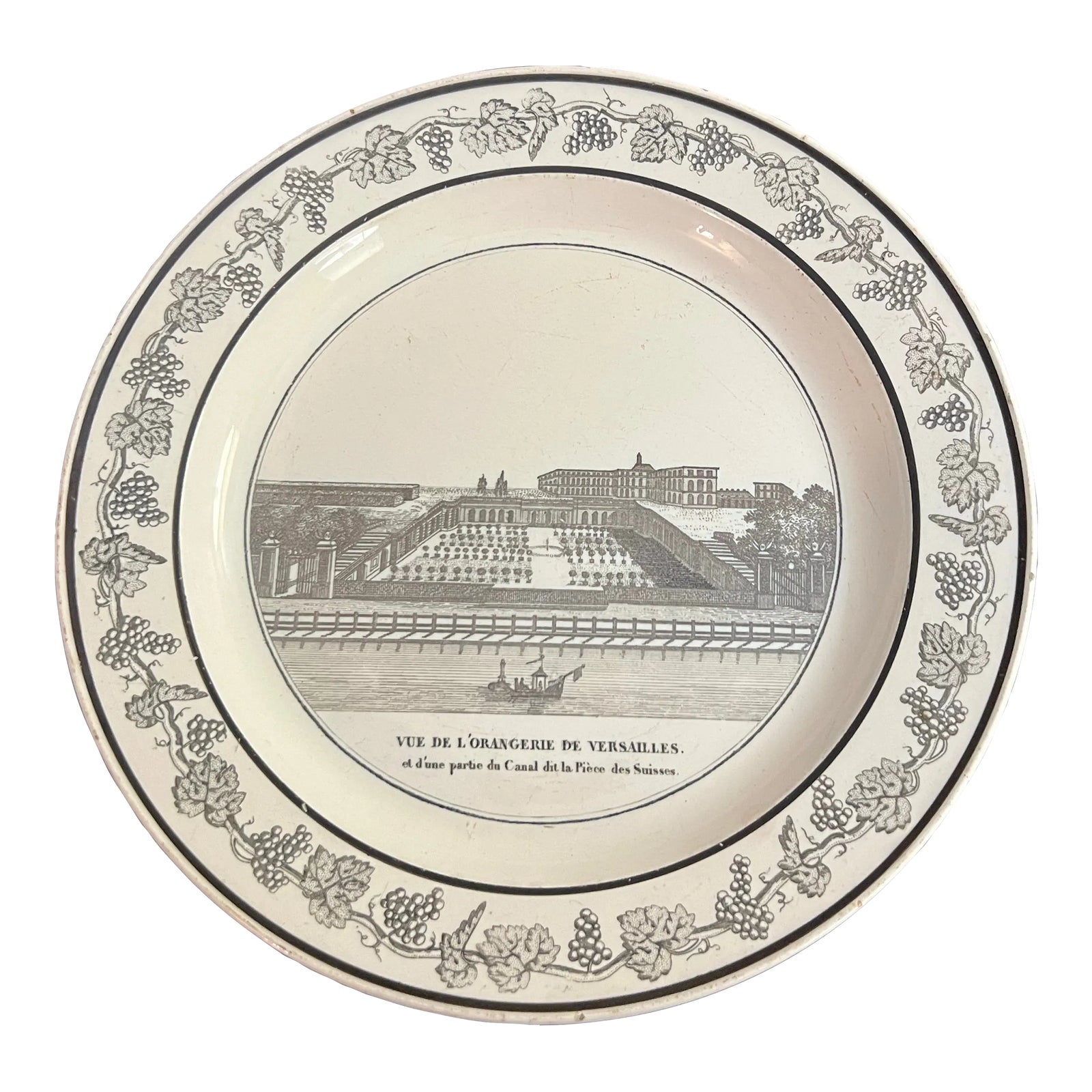 A Antique French Creamware Plate With Black Transfer Decoration, "Vue ...