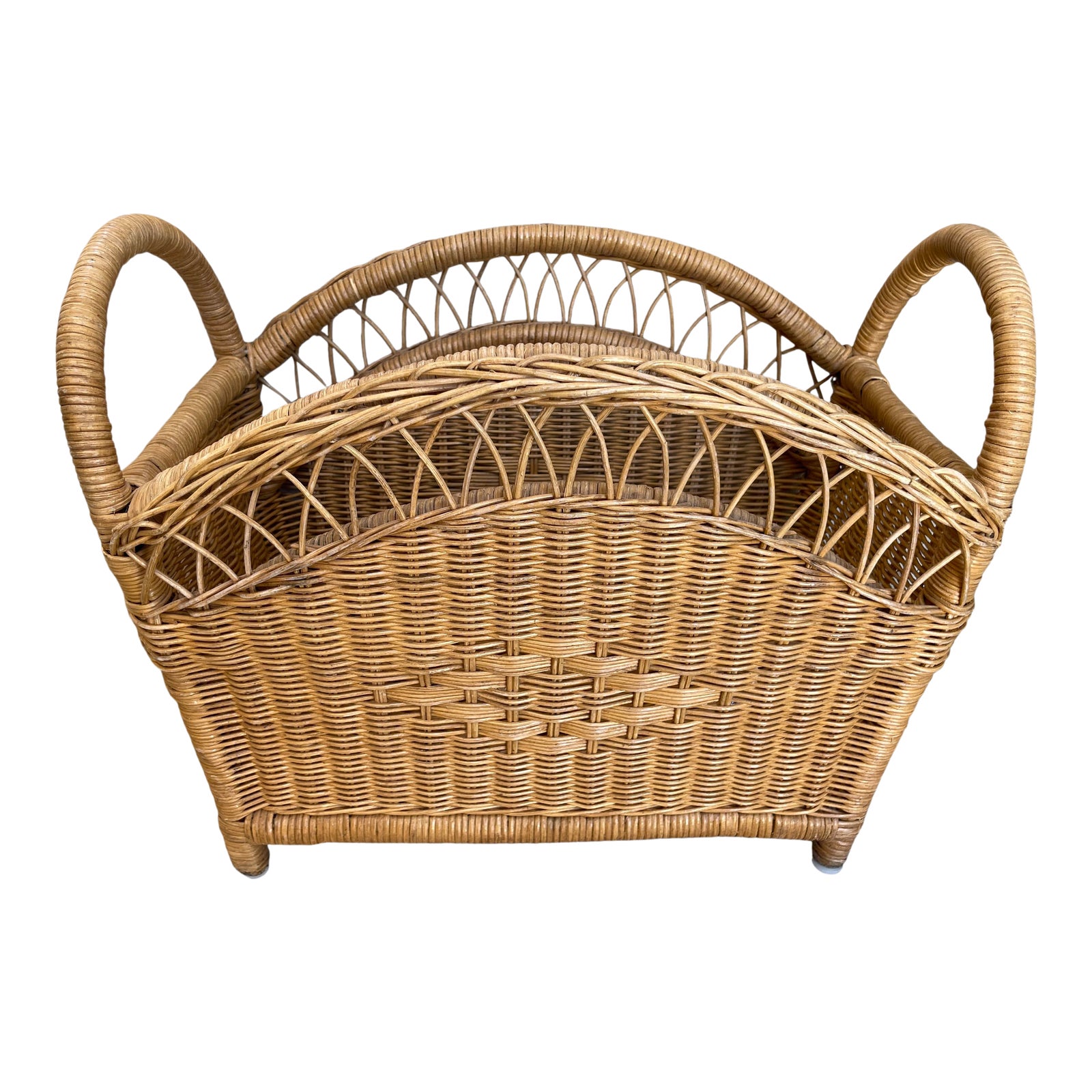 Vintage 1970's Tan Woven Wicker Magazine Holder | Chairish