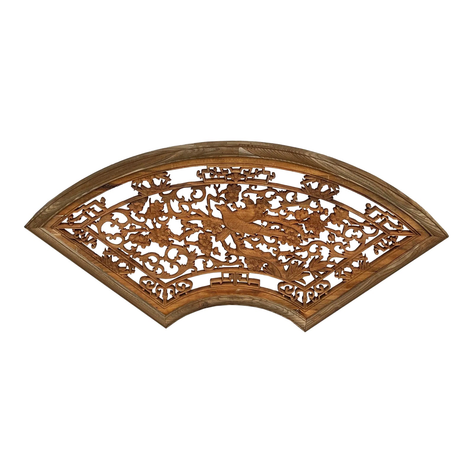 Chinese Fan Shape Birds Flowers Wood Wall Hanging Panel | Chairish
