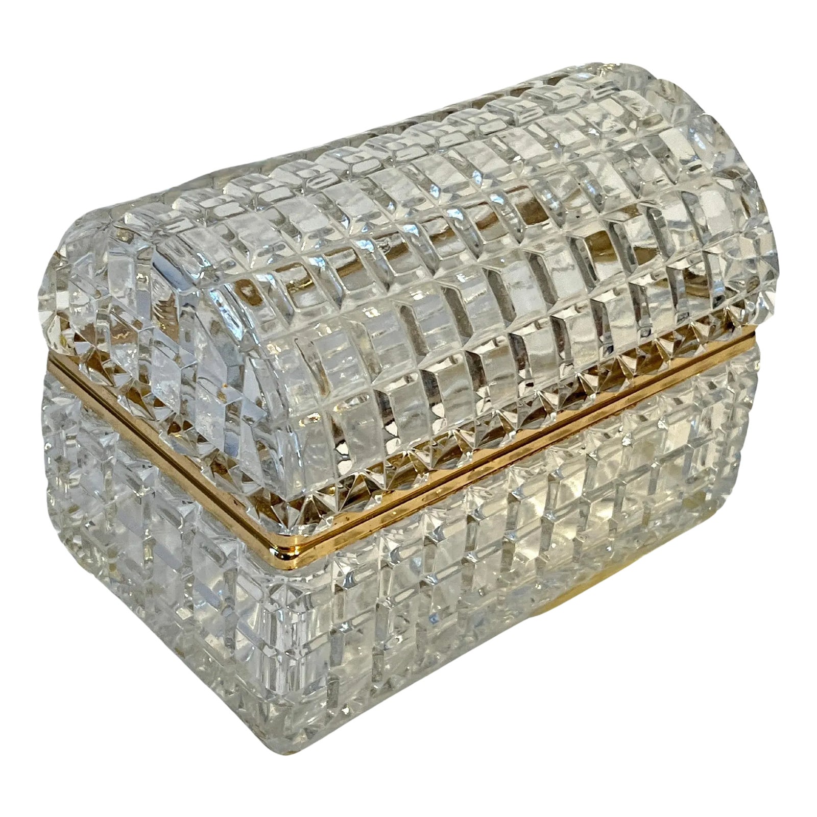 Cut Crystal Domed Lidded Box on Hinge With Brass Closure Details | Chairish