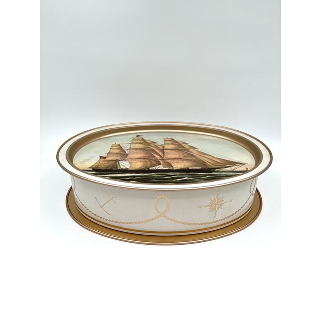 1976 Large Nautical Tole Biscuit Tin Featuring Clipper Ships | Chairish