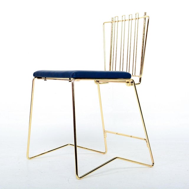 Pr03 Stacking Fancy Folding Chair Brass Finish Faux Leather Blue | Chairish