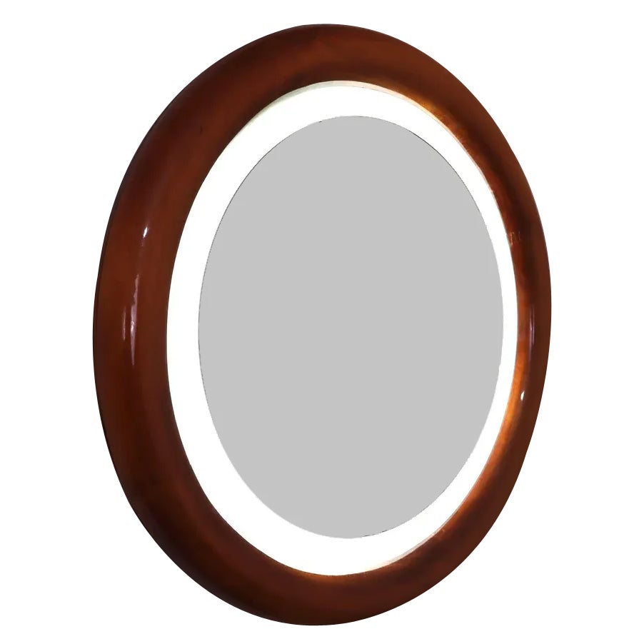 Round Backlit Mirror in Light Walnut, 1970s | Chairish