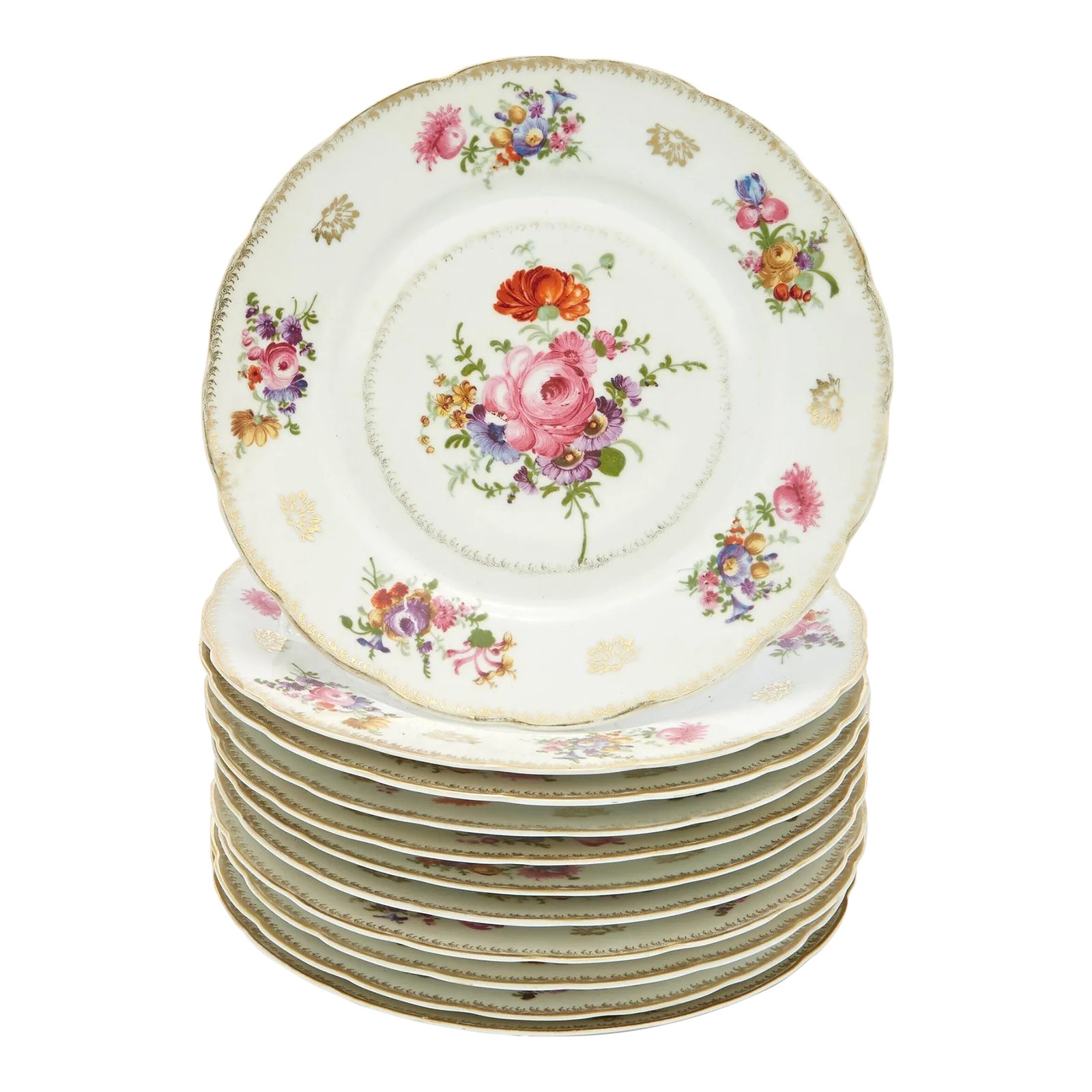 Porcelain Transfer Decorate / Gilt Dinner Service Plate for 11 People ...