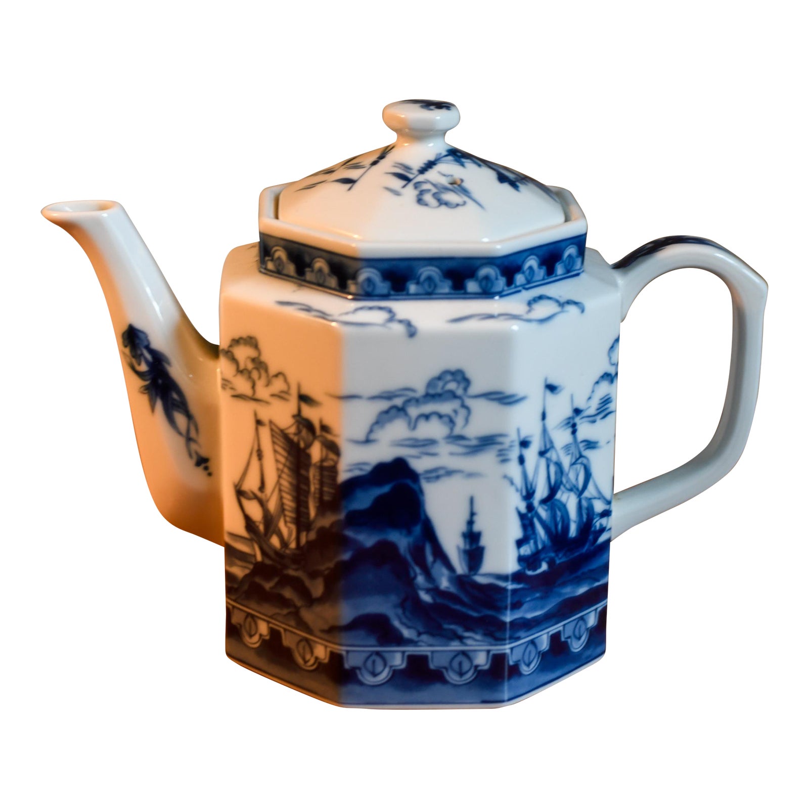 1960s Blue and White Porcelain Octagonal Tea Pot Ships on Ocean Andrea ...