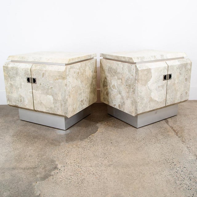Mid Century Post Modern Nightstand Custom Stone Marble Metal 1980, Pair ...