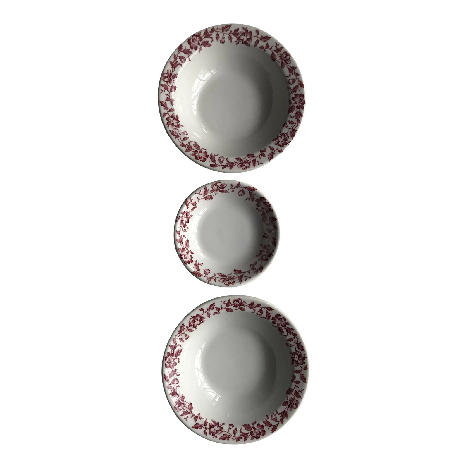 Vintage Shenango Maroon Pink Floral Restaurant Ware Bowls S/3 | Chairish