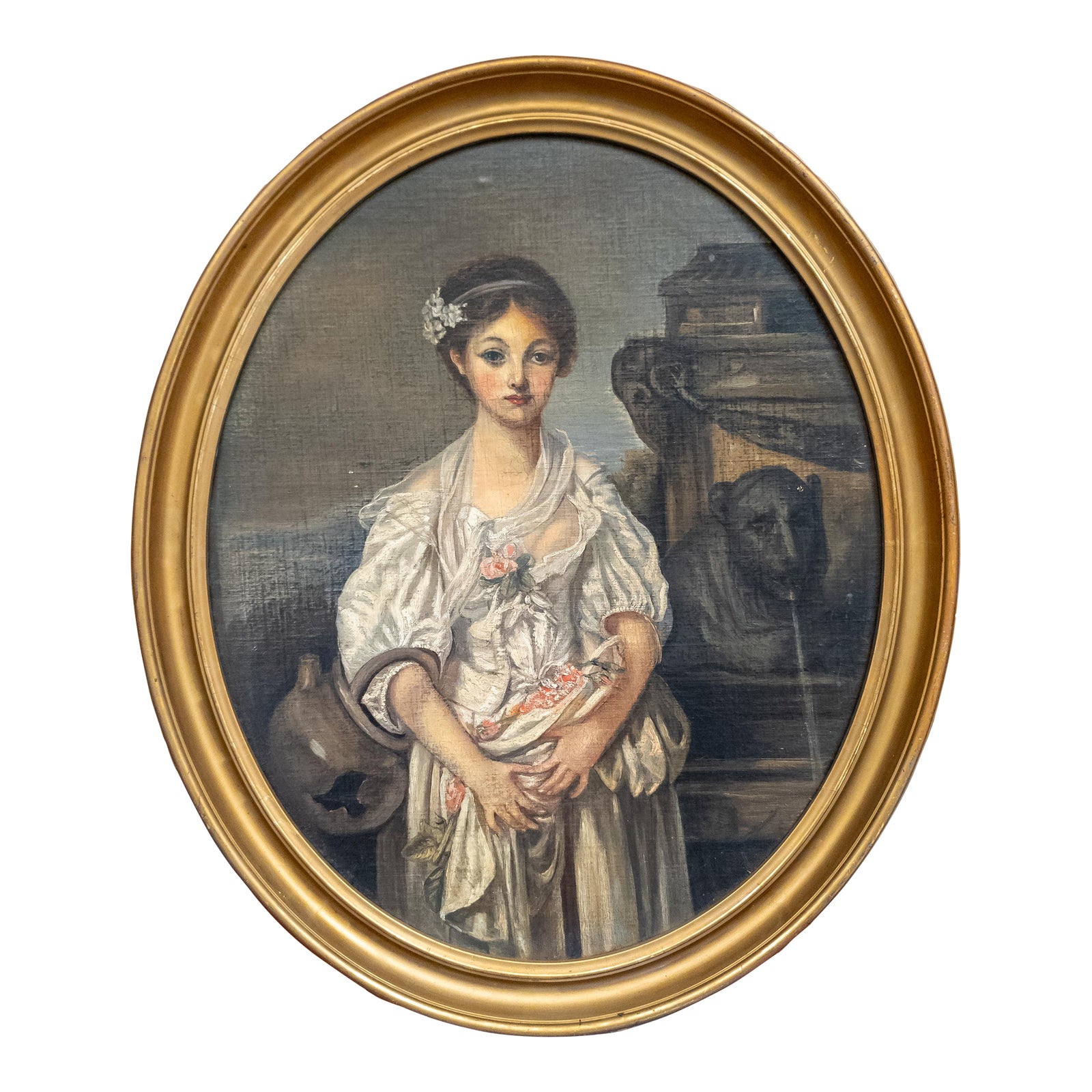 19th Century European Italian Painting of a Tragic Sad Young Lady ...
