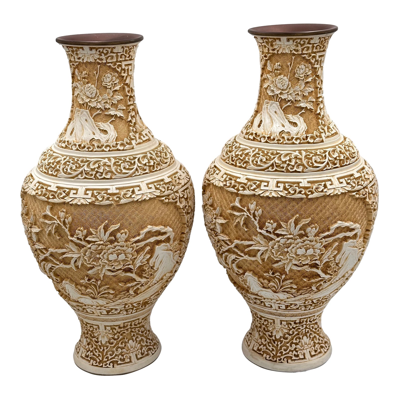 Antique Chinese Hand Carved Lacquered Cinnabar Over Brass Floral Motif ...