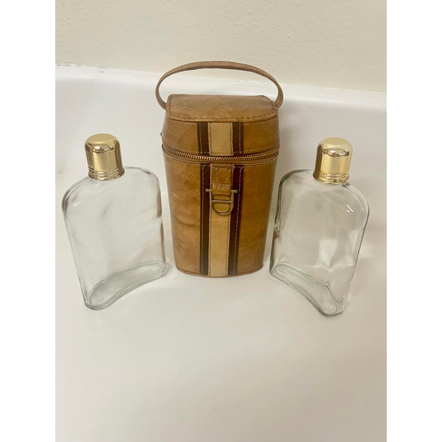 Vintage Two Glass Flasks in Zippered Leather Travel Case- 3 Pieces ...
