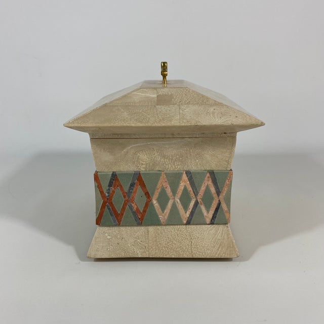 Inlaid Stone Box With Inlay Pattern and Brass Handle | Chairish