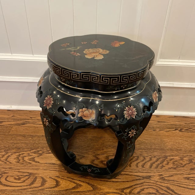 Early 20th Century Chinese Lacquered Carved Wood Drum Table | Chairish