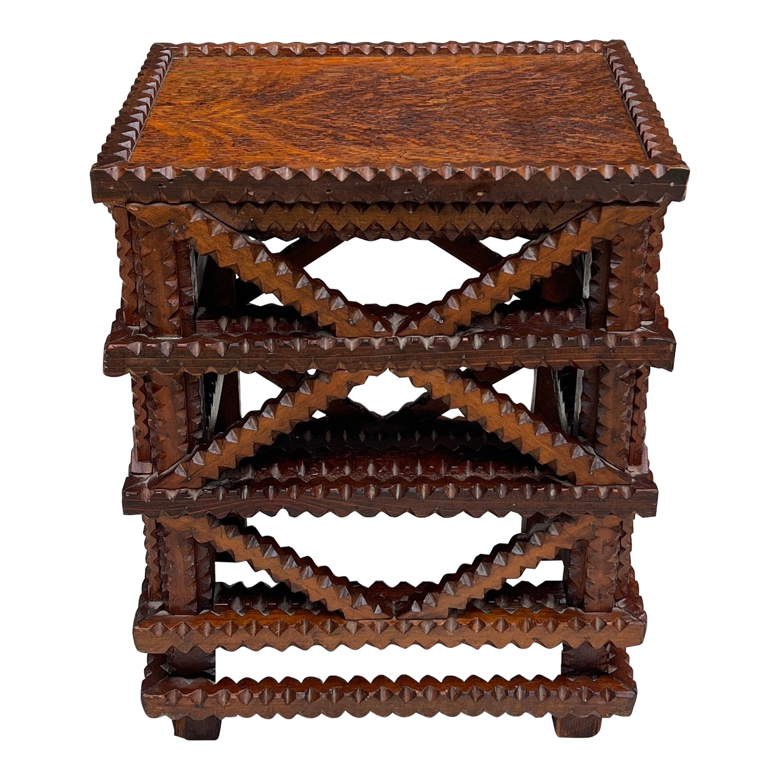 Antique 19th Century Tramp Art Tiger Wood Carved Side Table | Chairish
