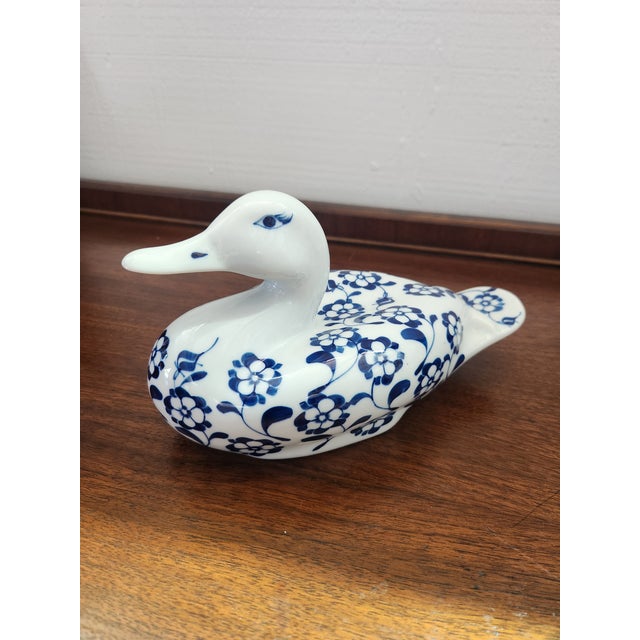 Vintage Cobalt Blue and White Floral Porcelain Duck | Chairish
