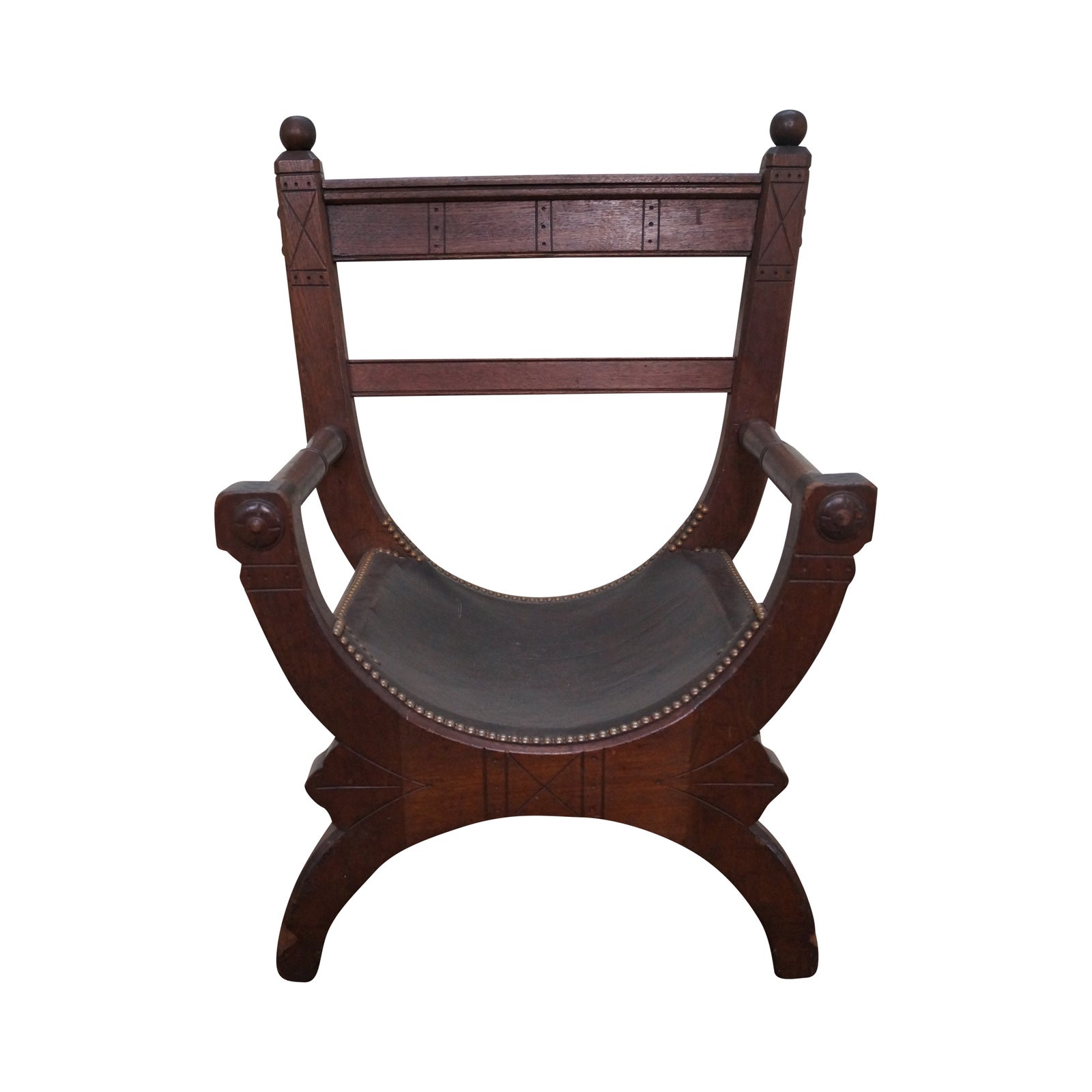 Walnut Leather X Frame Arm Chair | Chairish