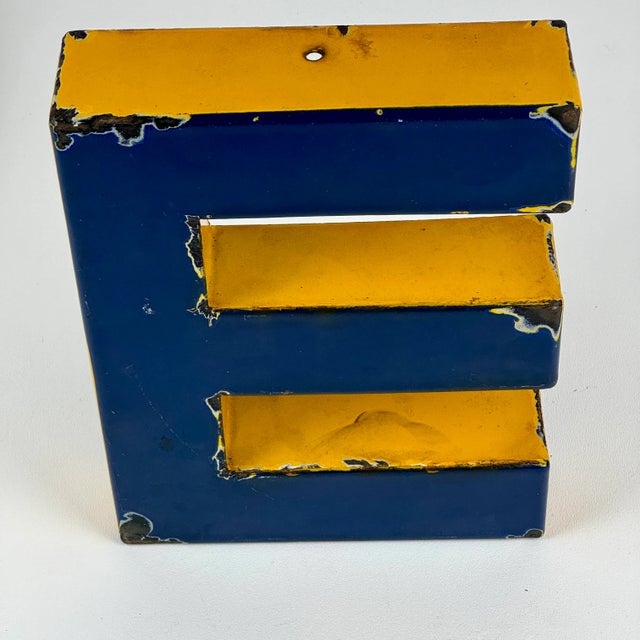 Vintage Metal Porcelain Enamel Letter 'E' Sign in Blue & Yellow | Chairish