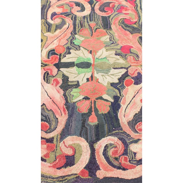 Charcoal, Red, and Green Antique American Hooked Rug With Large Flower ...