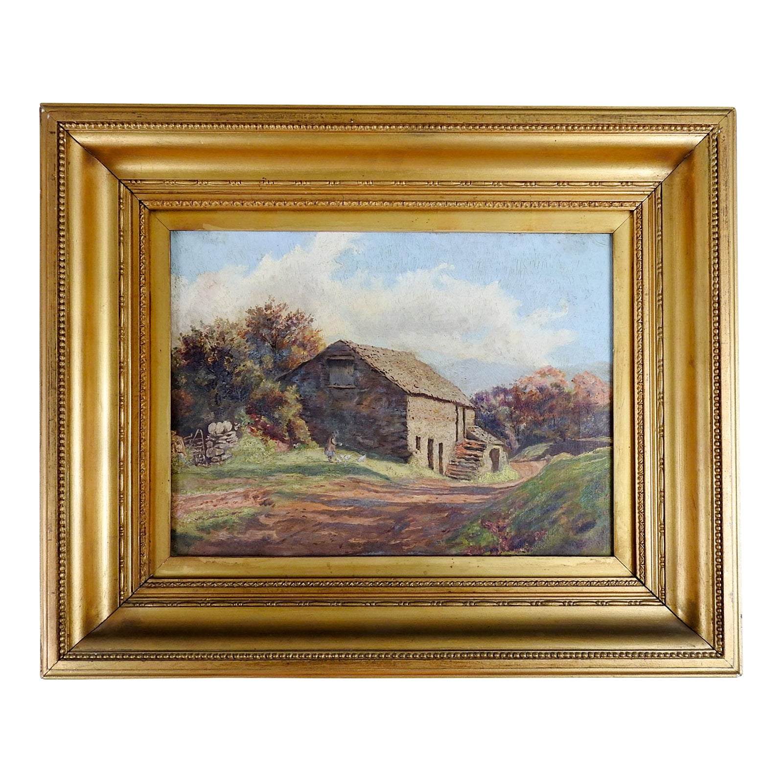 Antique Pastoral Landscape Stone Barn & Chickens | Chairish