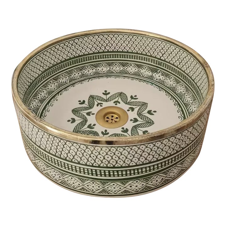 Contemporary Handcrafted Farmhouse Green Basin With Brass Rim | Chairish