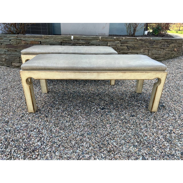 Pair of Baker Furniture Wood and Leather Benches | Chairish