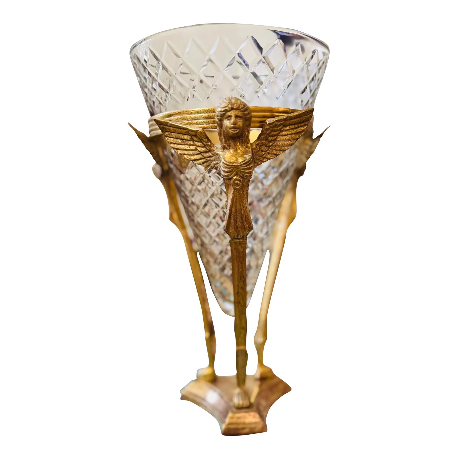 Mid 20th Century Brass Caryatid Angel Stand With Crystal Vase | Chairish