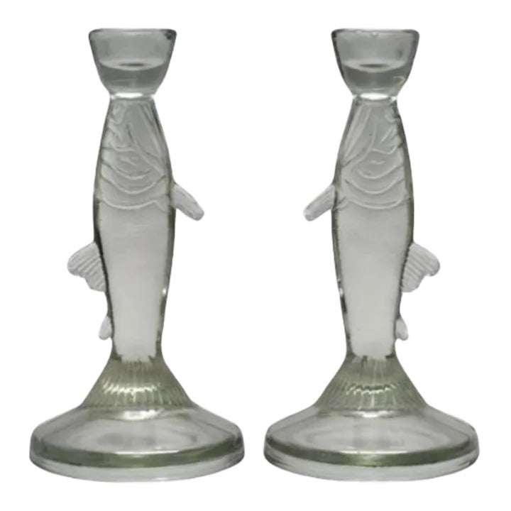 1960s Pressed Glass Fish-Form Candlesticks - a Pair | Chairish