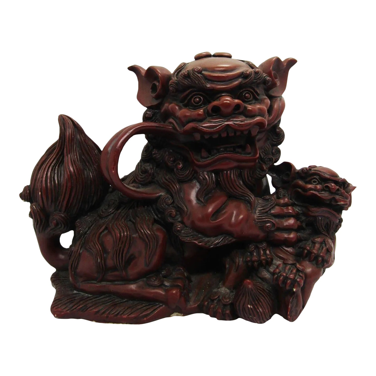 Vintage 1960s Large Brown-Crimson Resin Foo Dog Palace Lion With Young ...