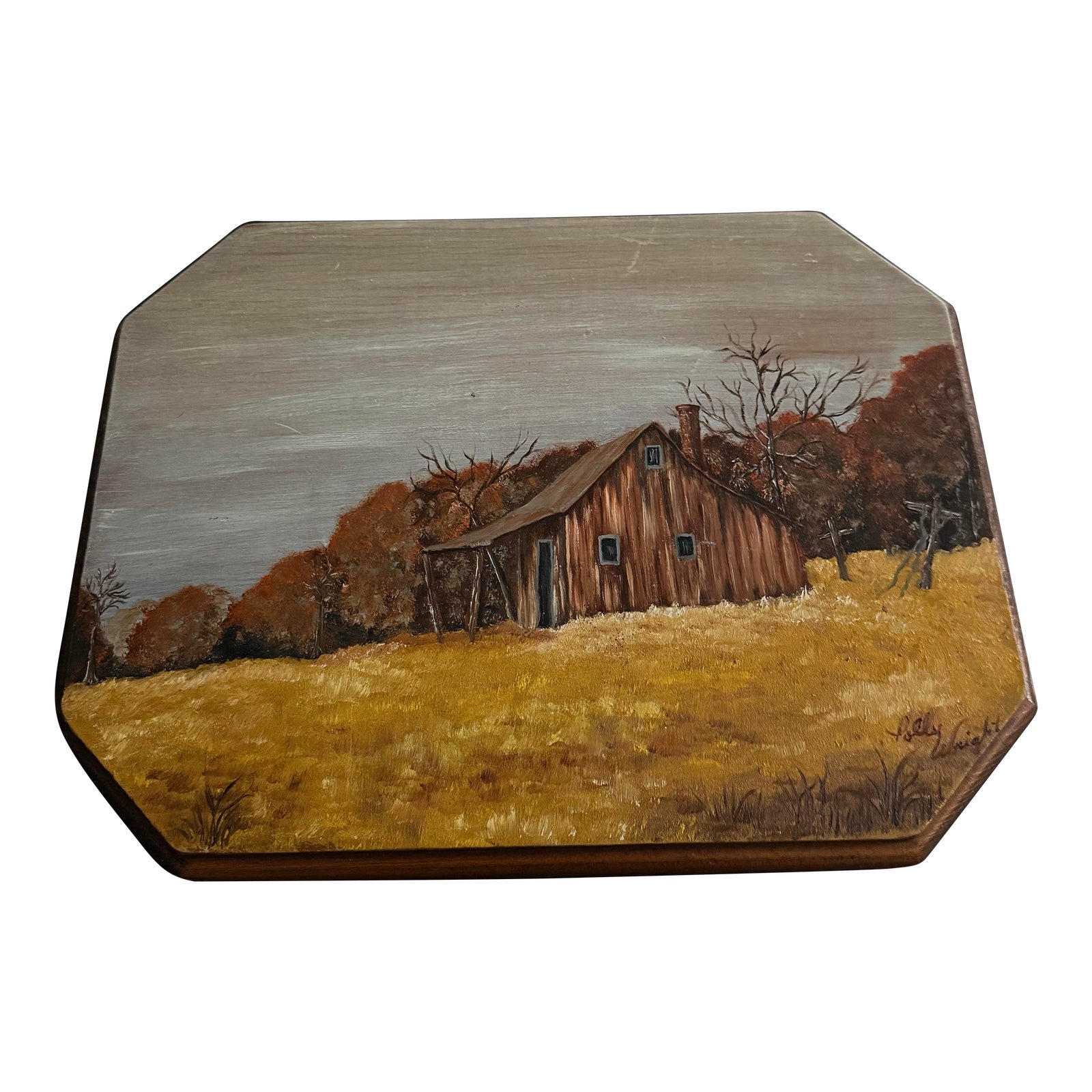 Polly Wright Mid Century Oil Painting on Wood Rustic Barn Field Western ...